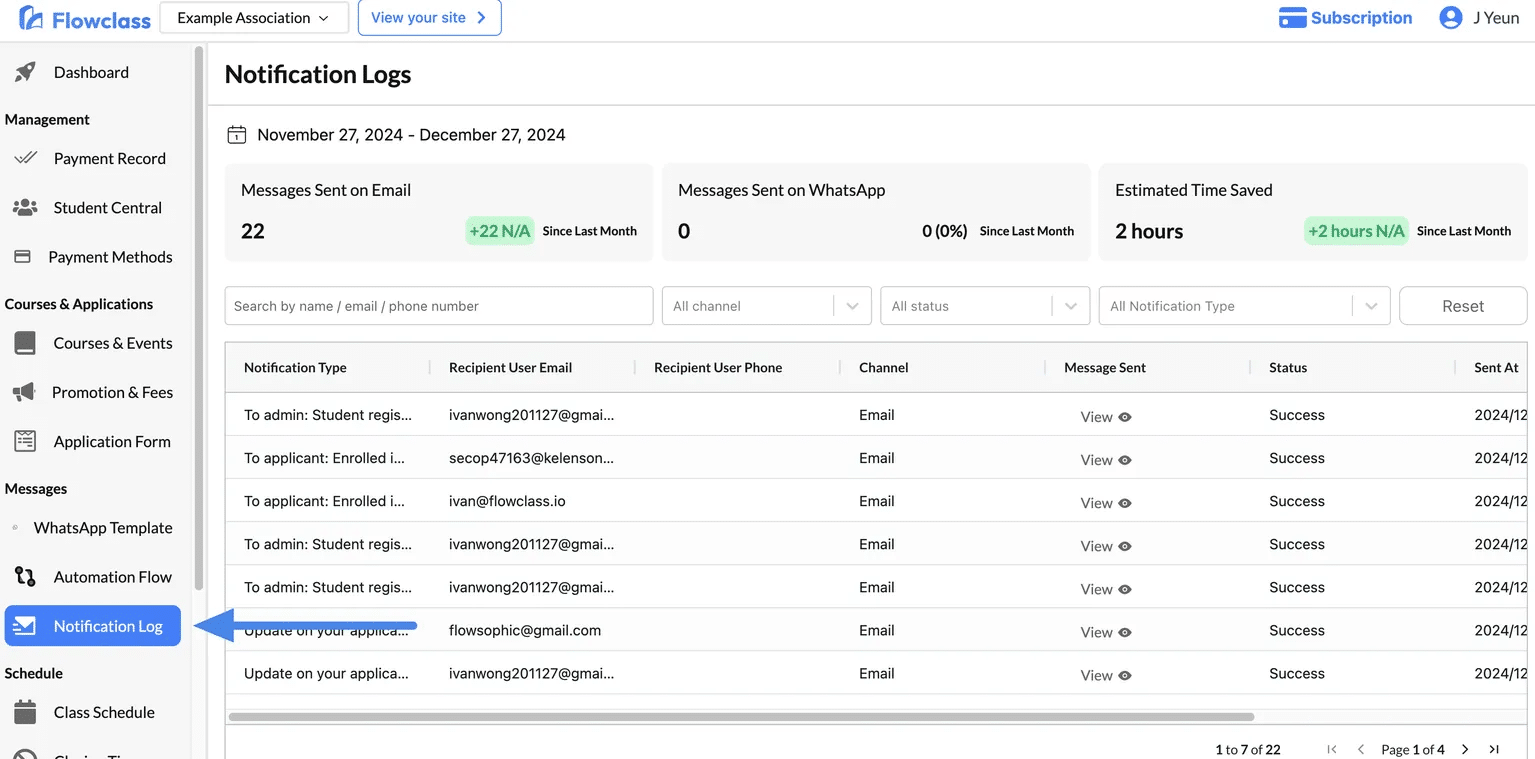 Notification Log - Flowclass
